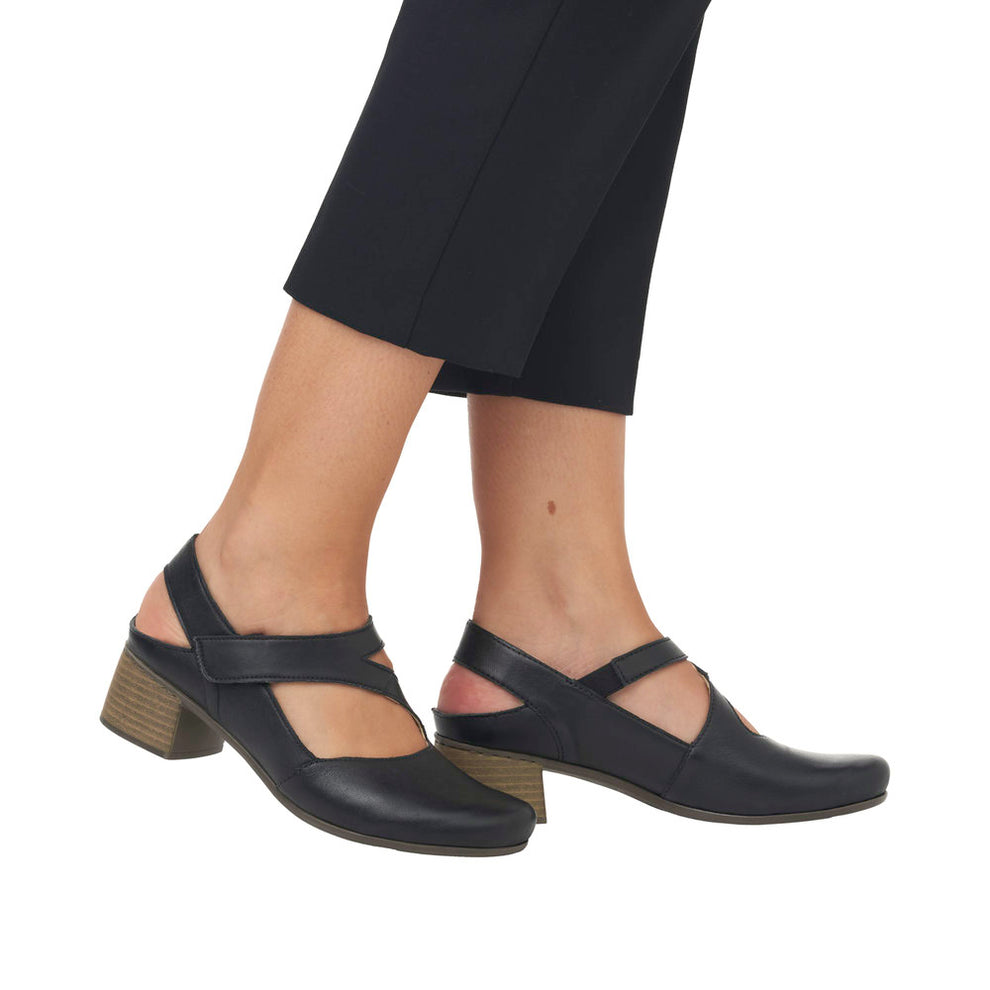 Rieker 41697 soft black leather shoe with 40mm heel adjustable strap ...